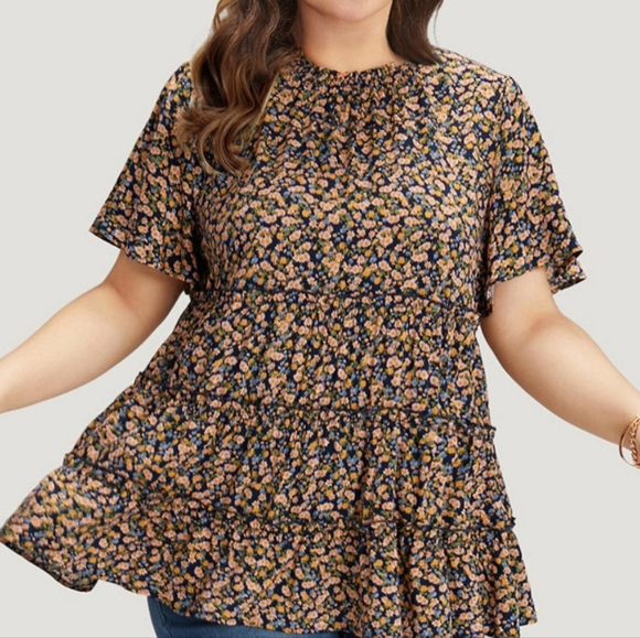 BloomChic | Tops | Bloomchic Plus Size Ditsy Floral Frill Trim Shirred ...